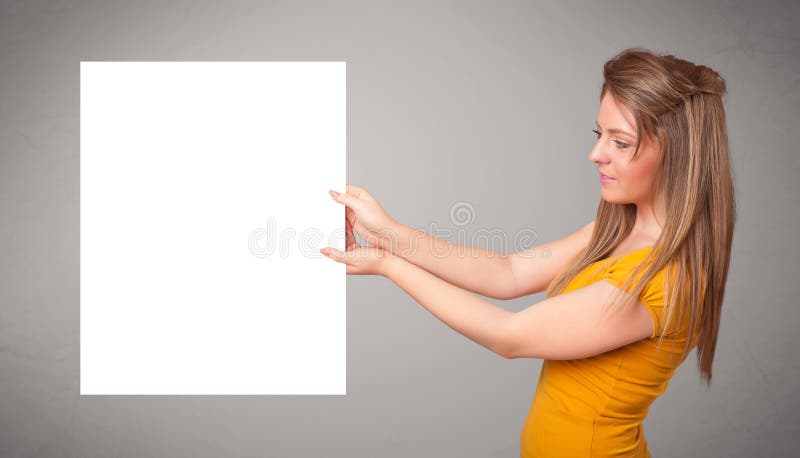 Young Woman Presenting White Paper Copy Space Stock Image - Image of ...