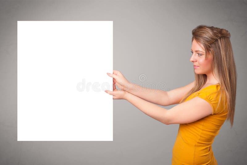 Young Woman Presenting White Paper Copy Space Stock Image - Image of ...