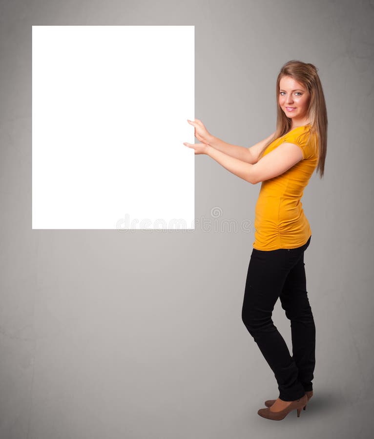 Young Woman Presenting White Paper Copy Space Stock Image - Image of ...