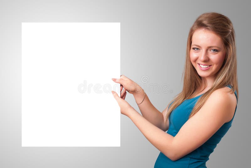Young Woman Presenting White Paper Copy Space Stock Photo - Image of ...