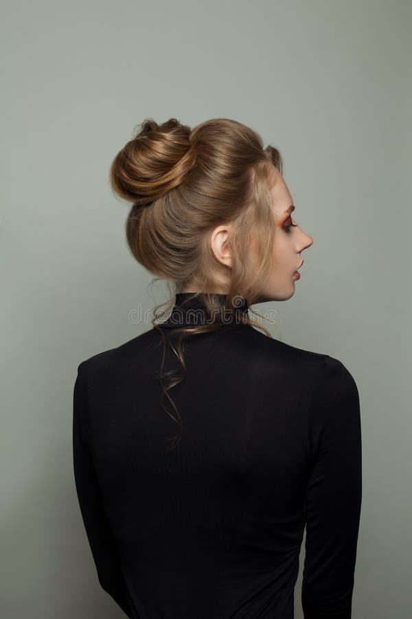 Young Woman Profile and Back on Gray Background, Portrait Stock Image ...