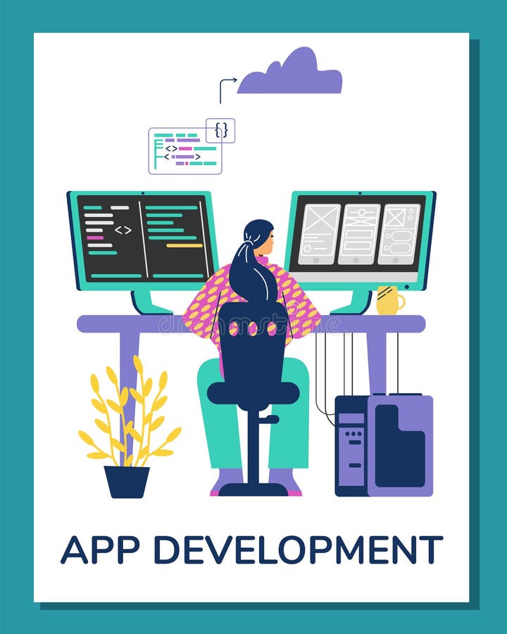 Young Woman Programmer, Vector Illustration on White, Flat Cartoon ...