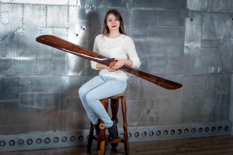 Young woman with propeller stock photo. Image of imagination - 78392628