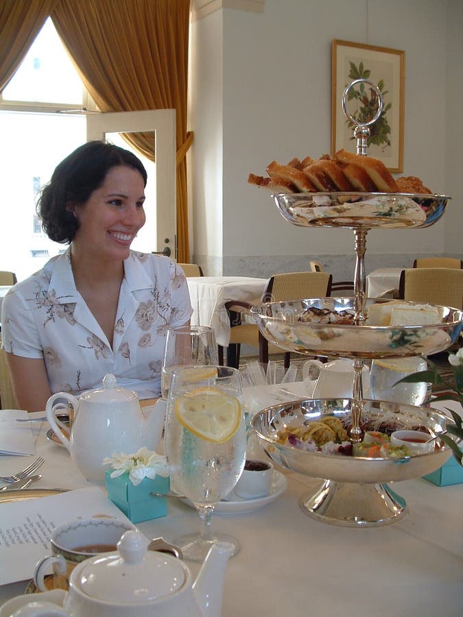 Young Woman at Proper Tea Service Stock Image - Image of shower, table ...
