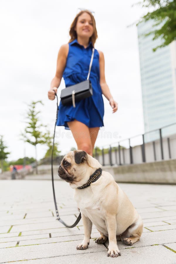 Young Woman with a Pug in the City Stock Image - Image of road, cute ...