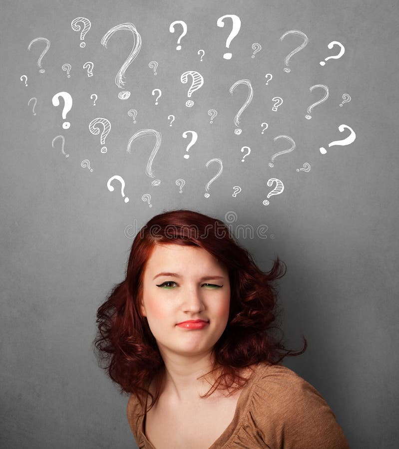 Young Woman with Question Marks Above Her Head Stock Photo - Image of ...