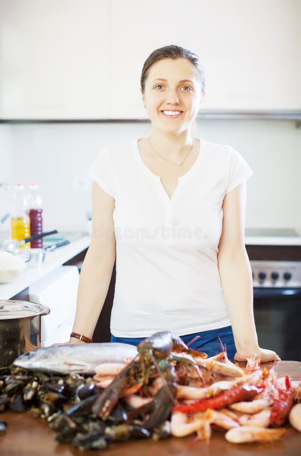 Young Woman with Raw Seafood Stock Photo - Image of mariscos, girl ...