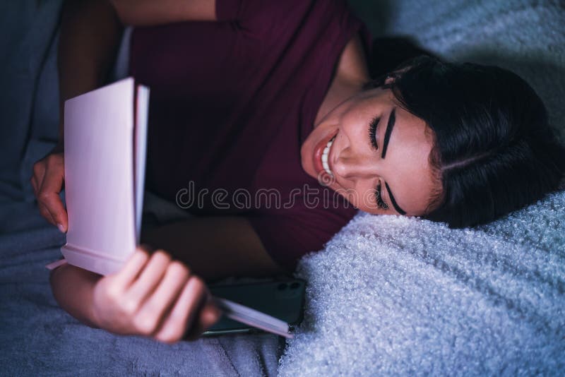 Young Woman Reading Book in Bed Stock Photo - Image of life, night ...