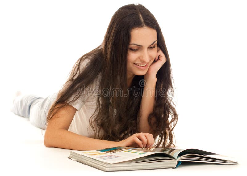Young Woman Reading Book on Floor Isolated Stock Image - Image of ...