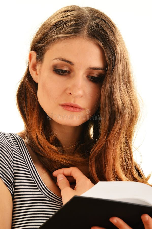 Young Woman Reading a Book Isolated on White Stock Image - Image of ...