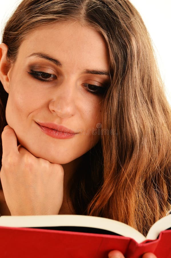 Young Woman Reading a Book Isolated on White Stock Photo - Image of ...