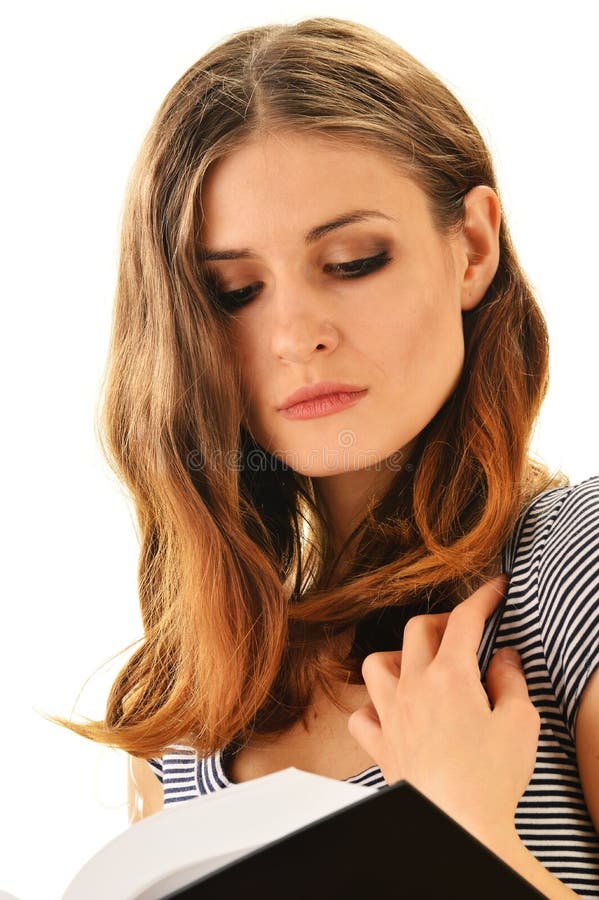 Young Woman Reading a Book Isolated on White Stock Image - Image of ...