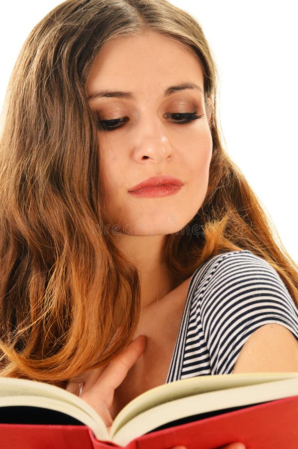 Young Woman Reading a Book Isolated on White Stock Photo - Image of ...