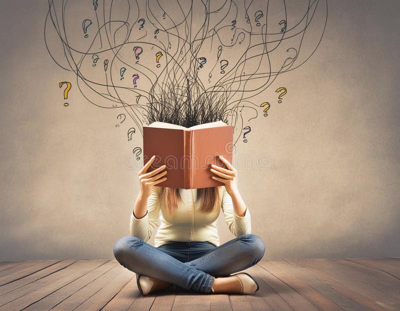 Young Woman Reading Book with Question Marks and Scribbles Emanating ...