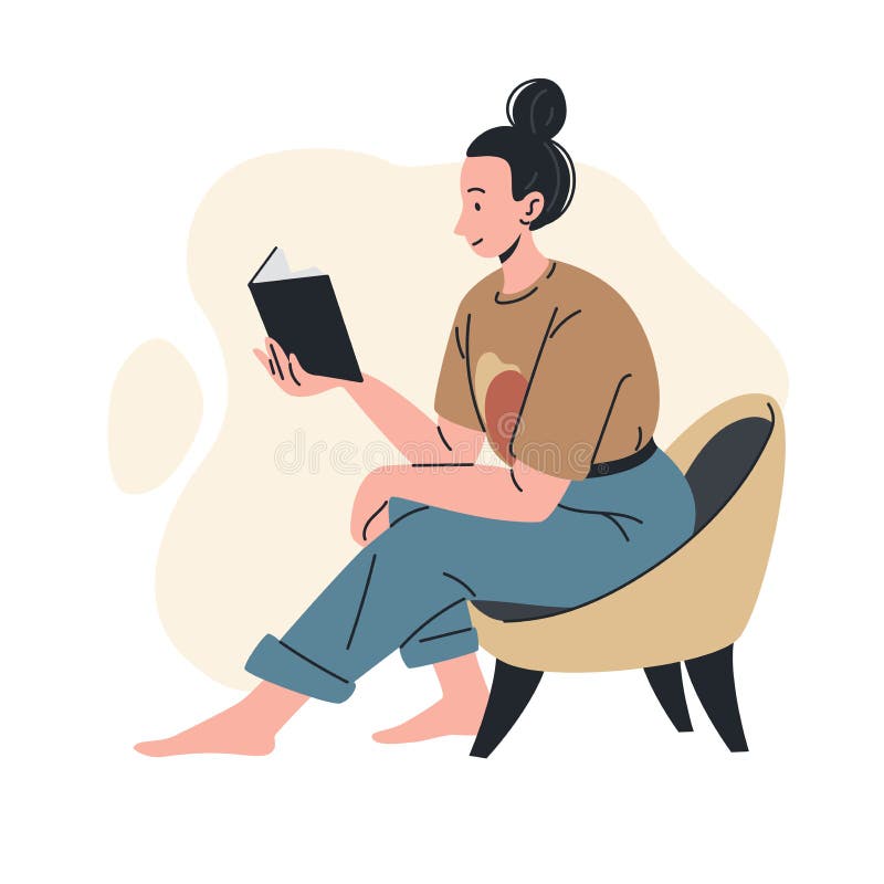 Young Woman Reading A Book While Sitting In A Chair Stock Vector