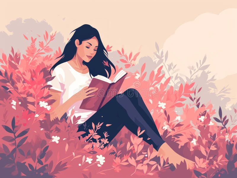Young Woman Reading A Book Sitting On The Grass Illustration Stock