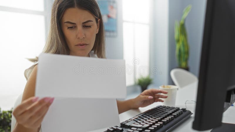 Young Woman Reading Document at Office Desk, Working on Computer ...
