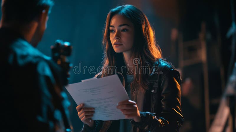 Young Woman Reads Script in Leather Jacket on Dark Stage with Blue ...