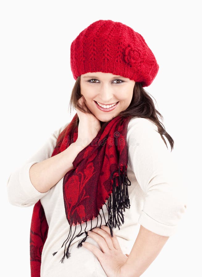 Young Woman in Red Cap and Scarf Smiling Stock Image - Image of smile ...