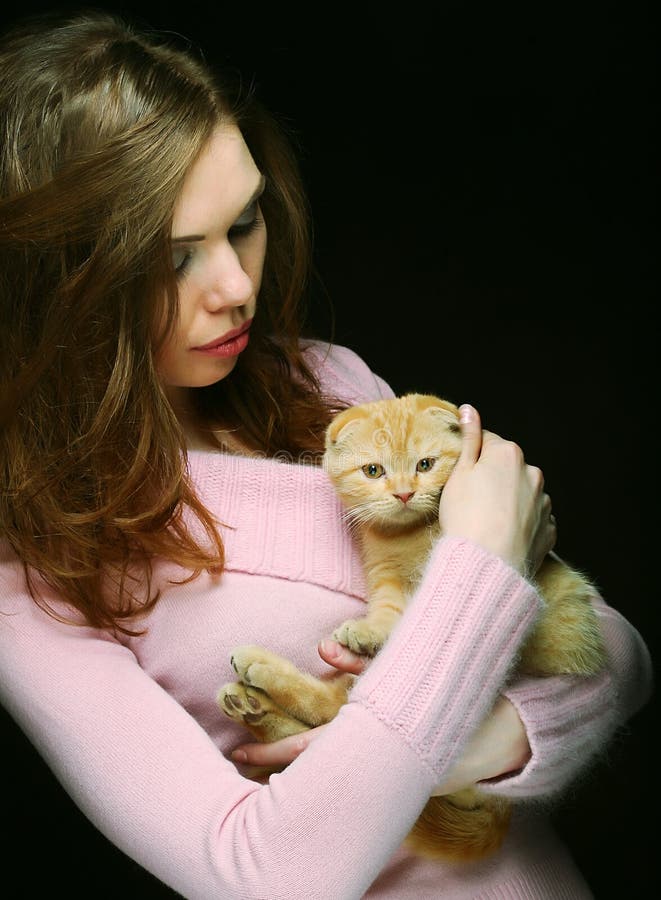 Young Woman with Red England Lop-eared Kitten Stock Image - Image of ...