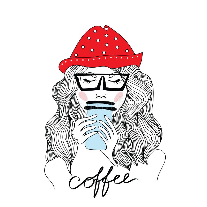 A Young Woman in a Red Hat Drinking Coffee. Vector Illustration ...
