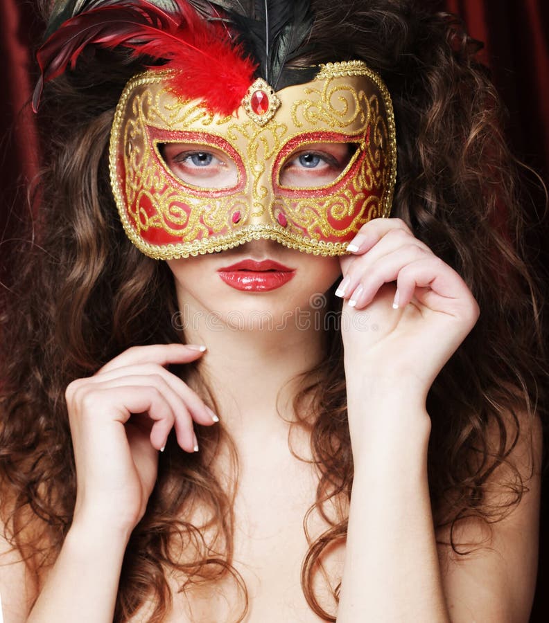 Young Woman in a Red Mysterious Mask Stock Photo - Image of closeup ...