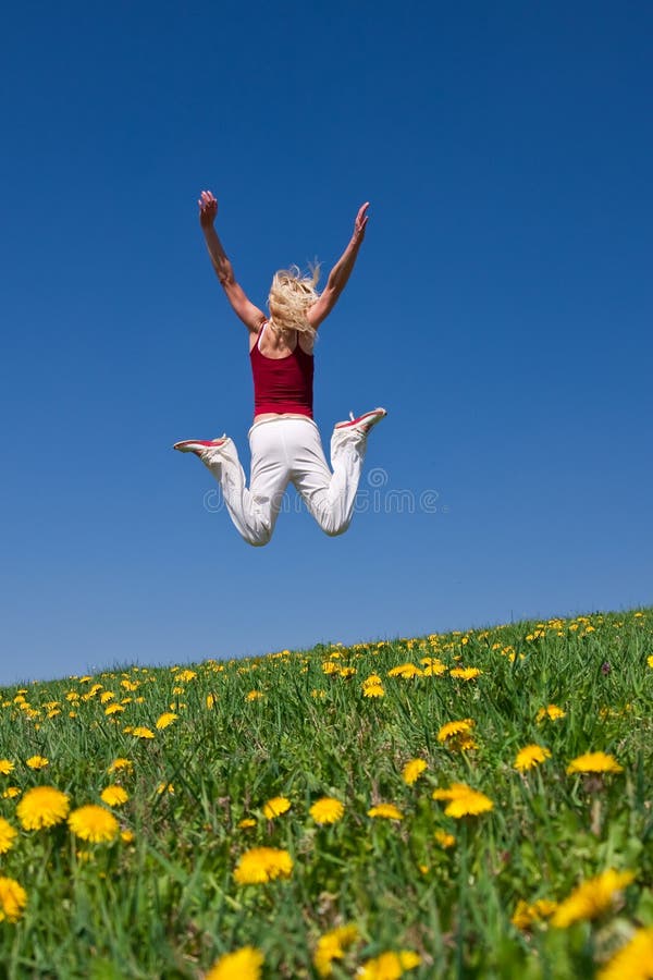 Young Woman in Red Outfit Having Fun on Meadow Stock Image - Image of ...