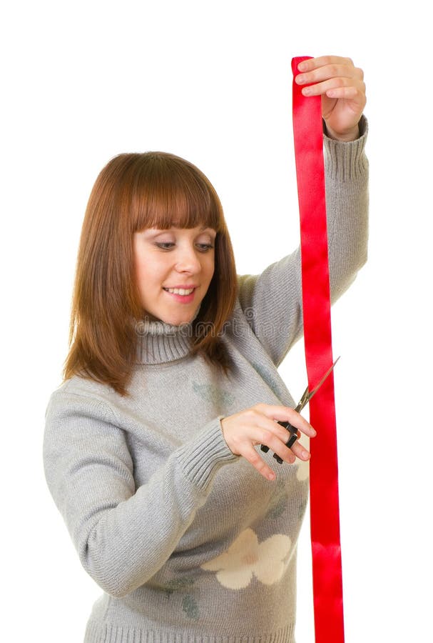 Young Woman with Red Ribbon Stock Image - Image of female, cheerful ...