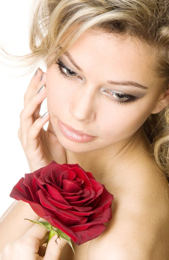 Beauty Romantic Woman with Red Rose Flowers Stock Image - Image of girl ...
