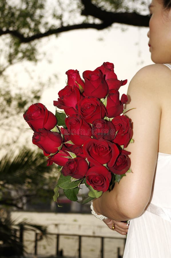 Young Woman with Red Roses Near the River Stock Photo - Image of ...