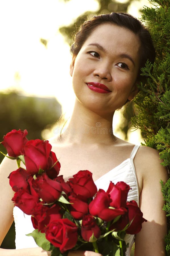 Young Woman with Red Roses in the Park Stock Image - Image of happy ...