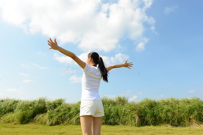 Woman enjoy the sun. stock image. Image of jogging, asian - 131145725