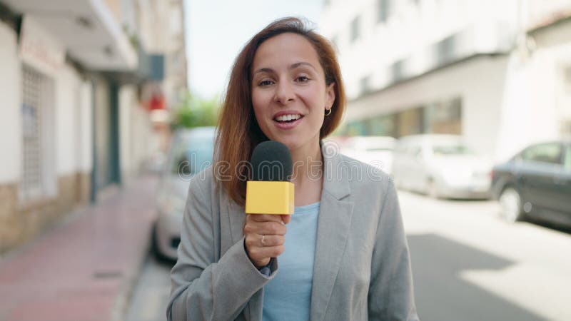Young Woman Reporter Working Using Microphone at Street Stock Video ...