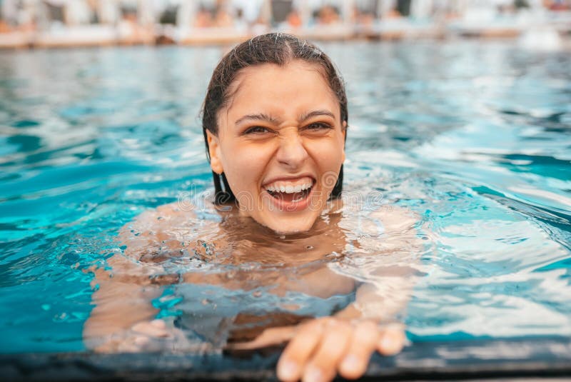 Young Woman Resting on the Edge of Swimming Pool Stock Photo - Image of ...