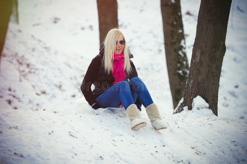 Young Woman Riding on Sledge Stock Photo - Image of leisure, sleigh ...