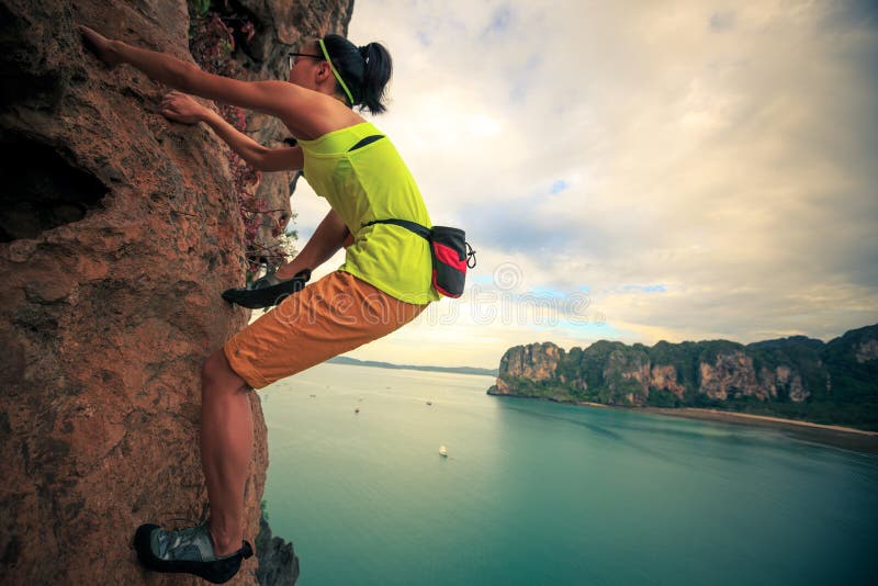 Woman Rock Climber Climbing on Cliff Stock Image - Image of copy ...
