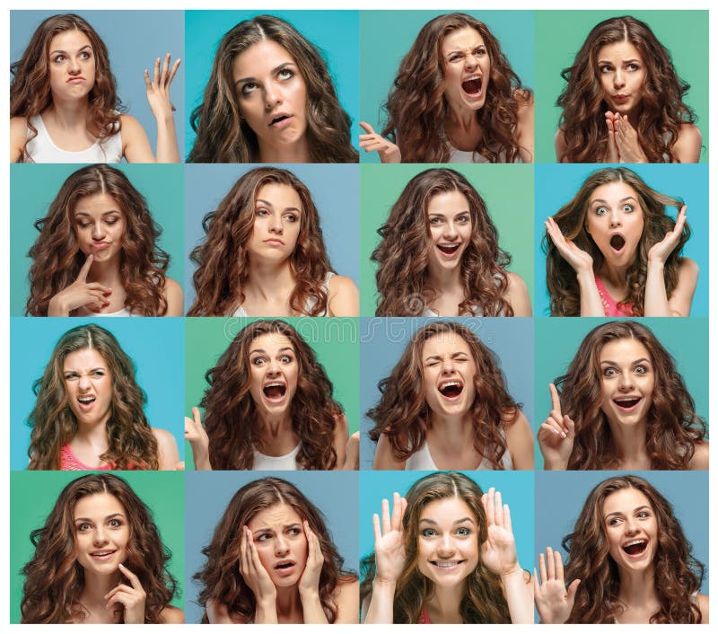 The Young Woman`s Portrait with Different Emotions Stock Photo - Image ...
