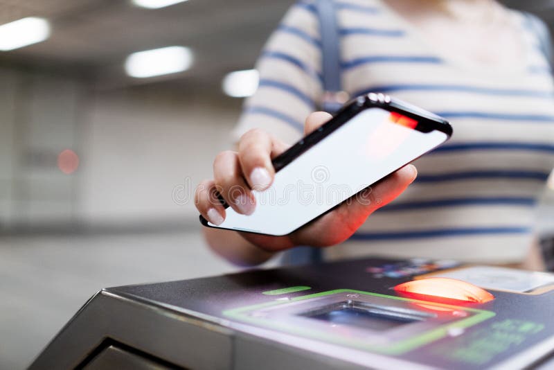 Woman Scanning QR Code, Checking a Payment and Ticket for the Subway ...