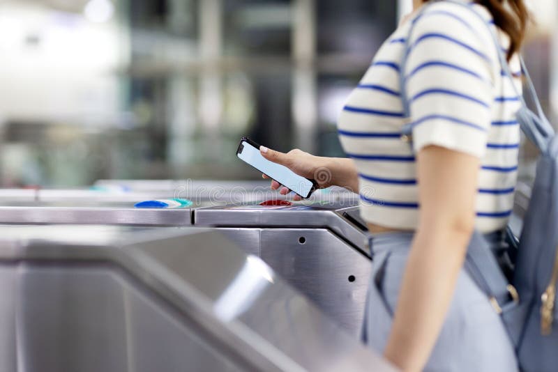 Woman Scanning QR Code, Checking a Payment and Ticket for the Subway ...