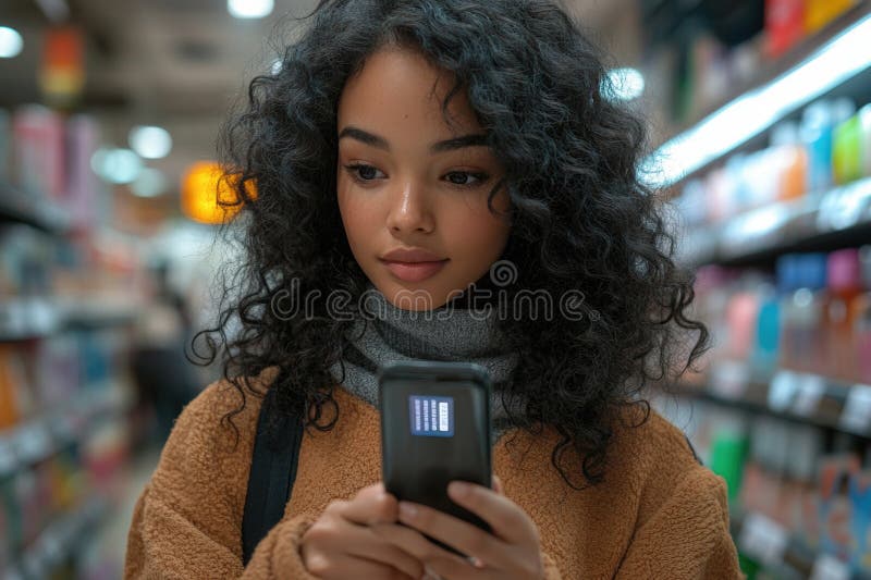 Young Woman Scans QR Code on Skincare Product in Cosmetic Supermarket ... Young Woman Scans QR Code on Skincare Product in Cosmetic Supermarket ...