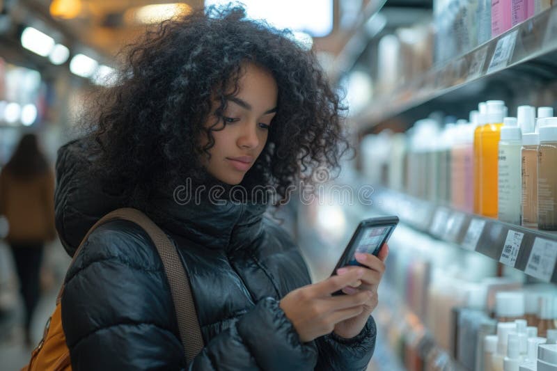 Young Woman Scans QR Code on Skincare Product in Cosmetic Supermarket ... Young Woman Scans QR Code on Skincare Product in Cosmetic Supermarket ...