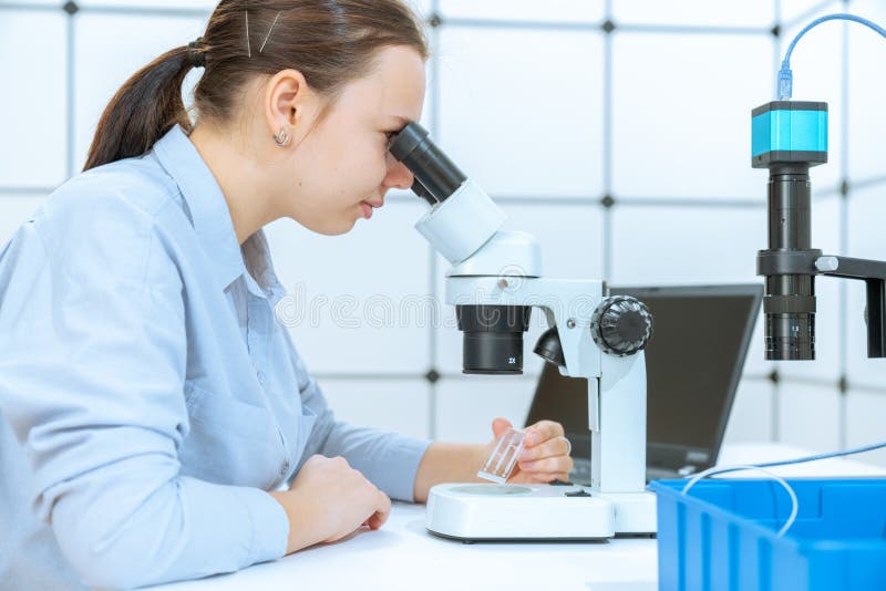 Young Woman in Science Lab Explore Lab on Chip Device Working with ...