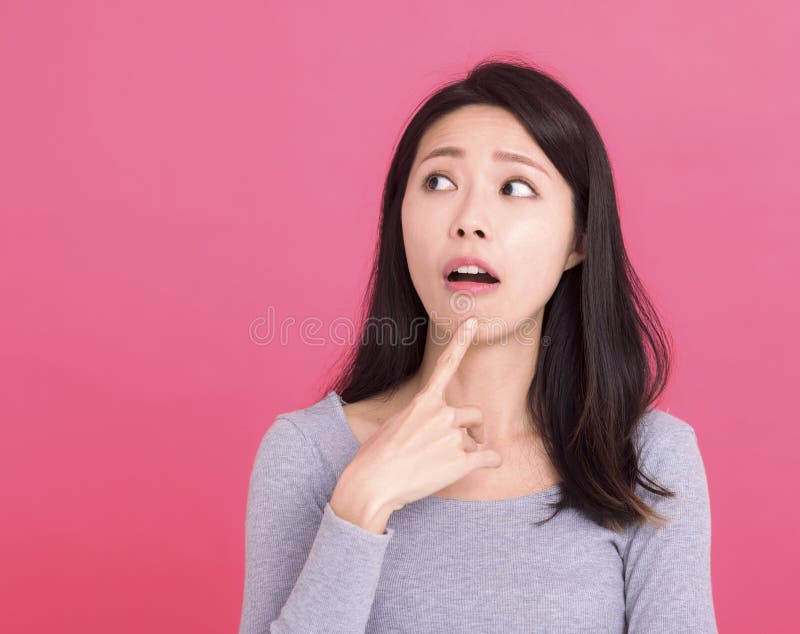 Young Woman Serious Look Empty Space Think Ponder Minded Deep Idea on ...