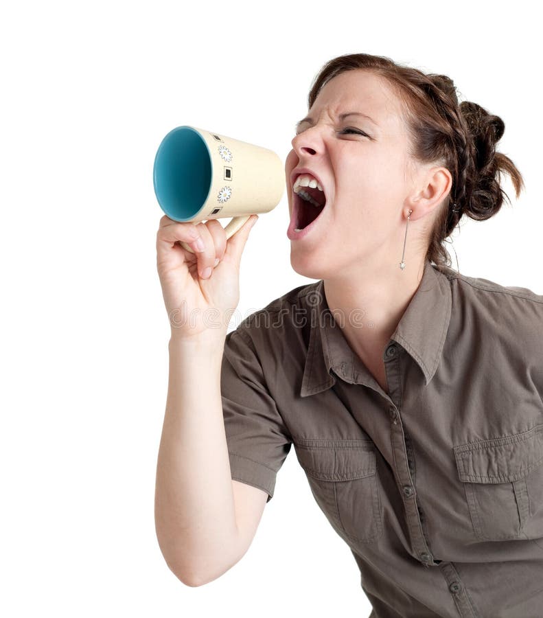 Young Woman Shouting into Cup for More Coffee Stock Photo - Image of ...
