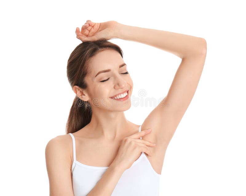 Young Woman Showing Armpit with Smooth Clean Skin on Background Stock ...