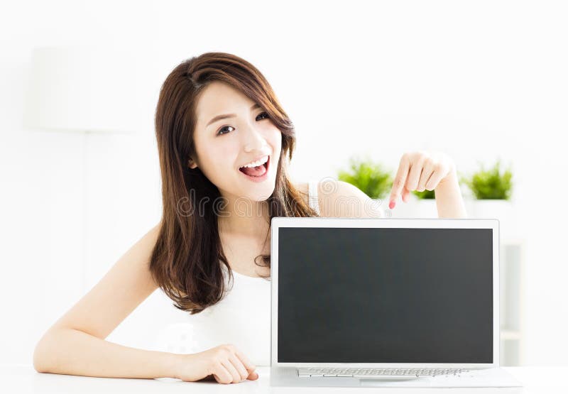 Young Woman Showing Laptop Screen Stock Image - Image of laptop ...