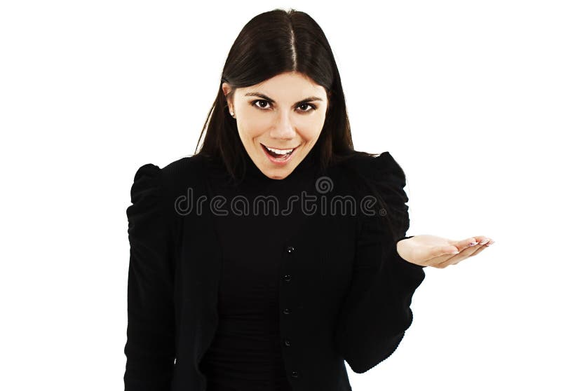 Young Woman Showing Product with Open Hand Palm Stock Photo - Image of ...