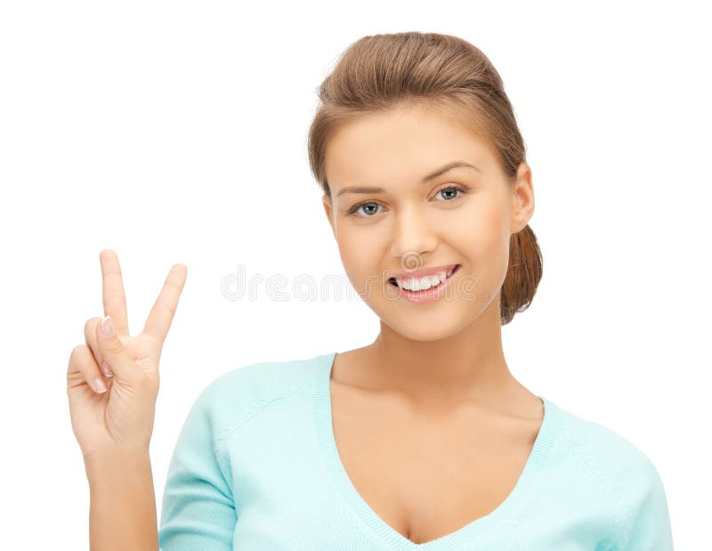 Young Woman Showing Victory or Peace Sign Stock Photo - Image of ...