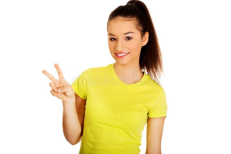 Young Woman Showing Victory Sign Stock Image Image Of Happy Slim