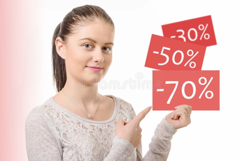 Young Woman Shows the Best Discount Sales Stock Image - Image of ...